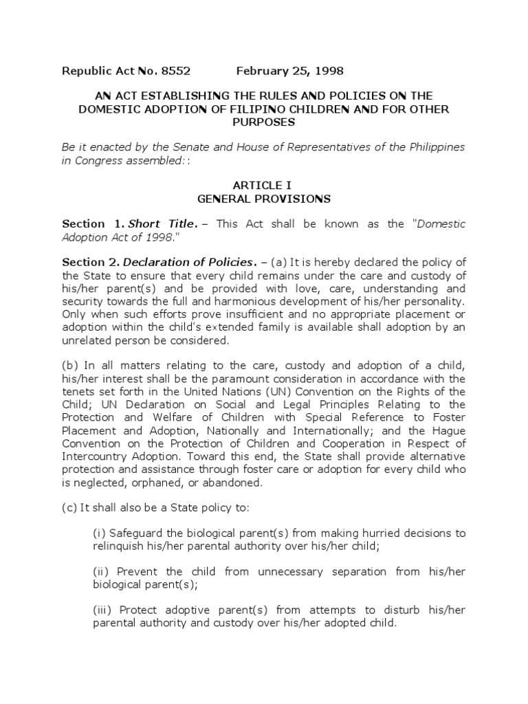 Republic Act No. 8552 (Domestic Adoption Act of 1998) | Adoption ...