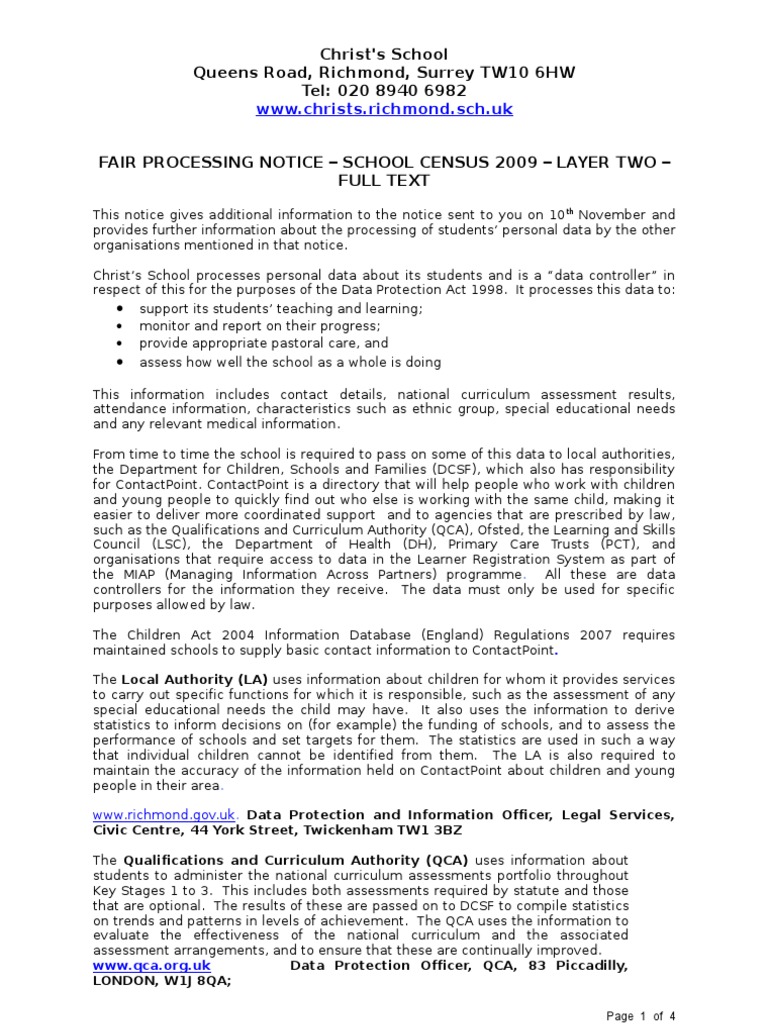 Christ's School Data Processing Notice | PDF | Statistics | Survey ...
