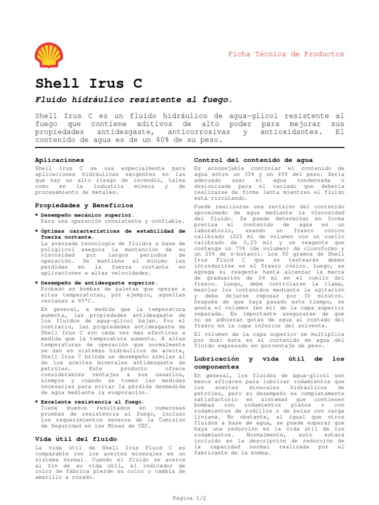 Ficha técnica de Shell Irus C, un fluido hidráulico resistente al fuego a base de agua-glicol ...