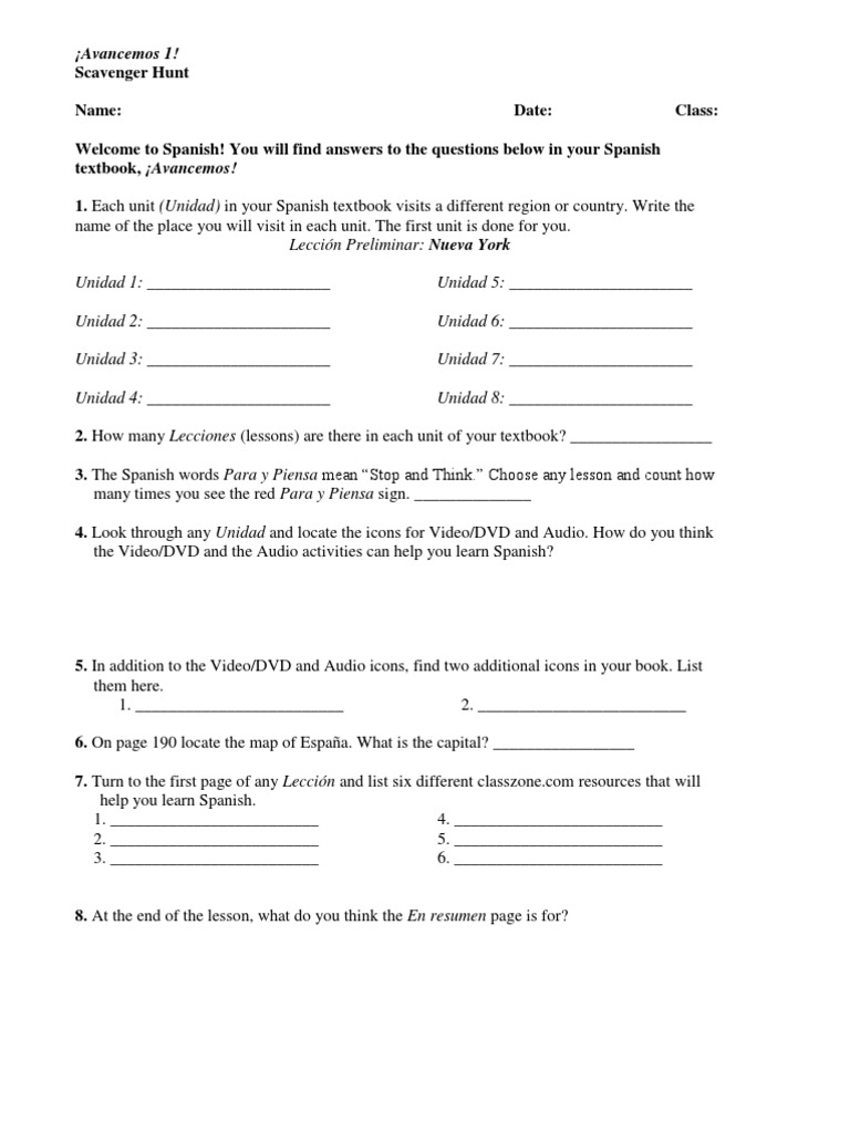Spanish 1: Avancemos 1 Scavenger Hunt | PDF | Textbook | Spanish Language