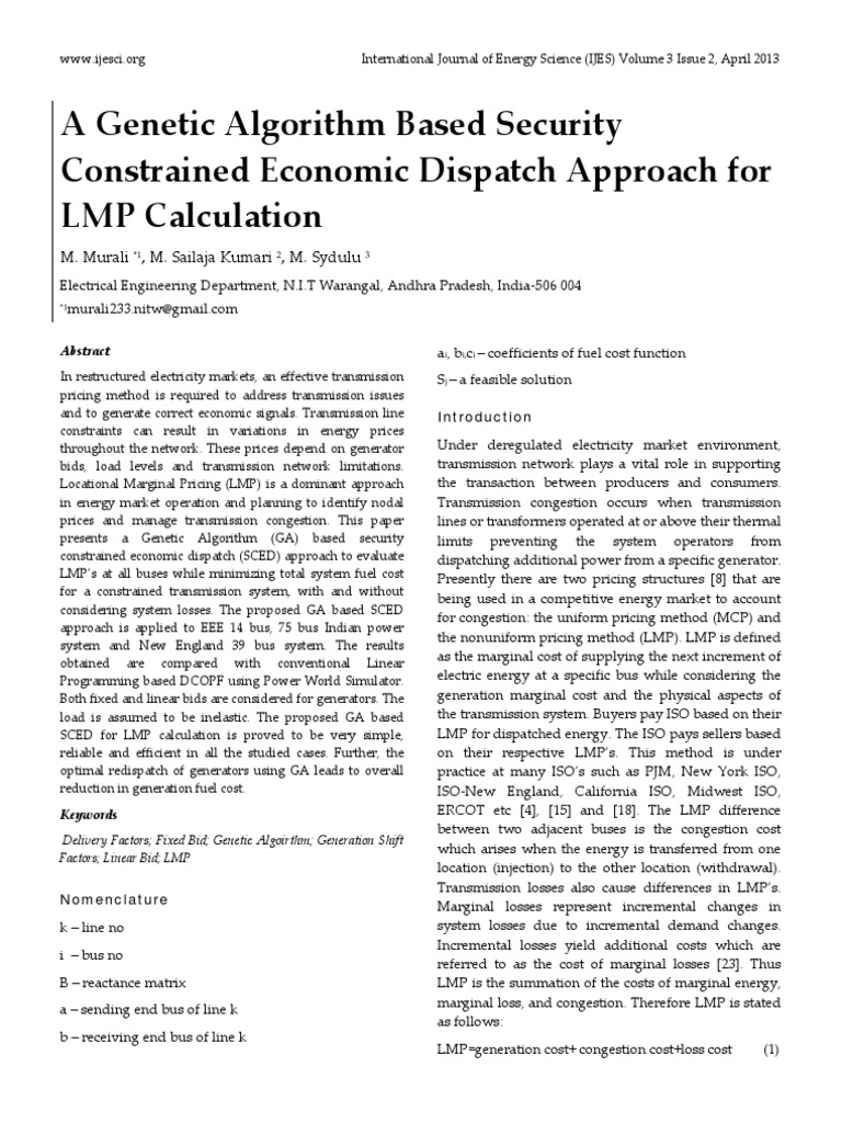 A Genetic Algorithm Based Security Constrained Economic Dispatch Approach For Lmp Calculation