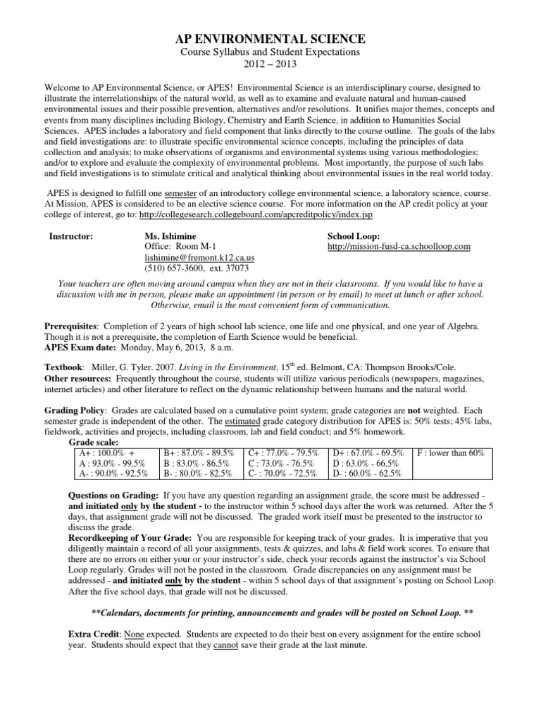 Ap Environmental Science: Course Syllabus and Student Expectations 2012 ...
