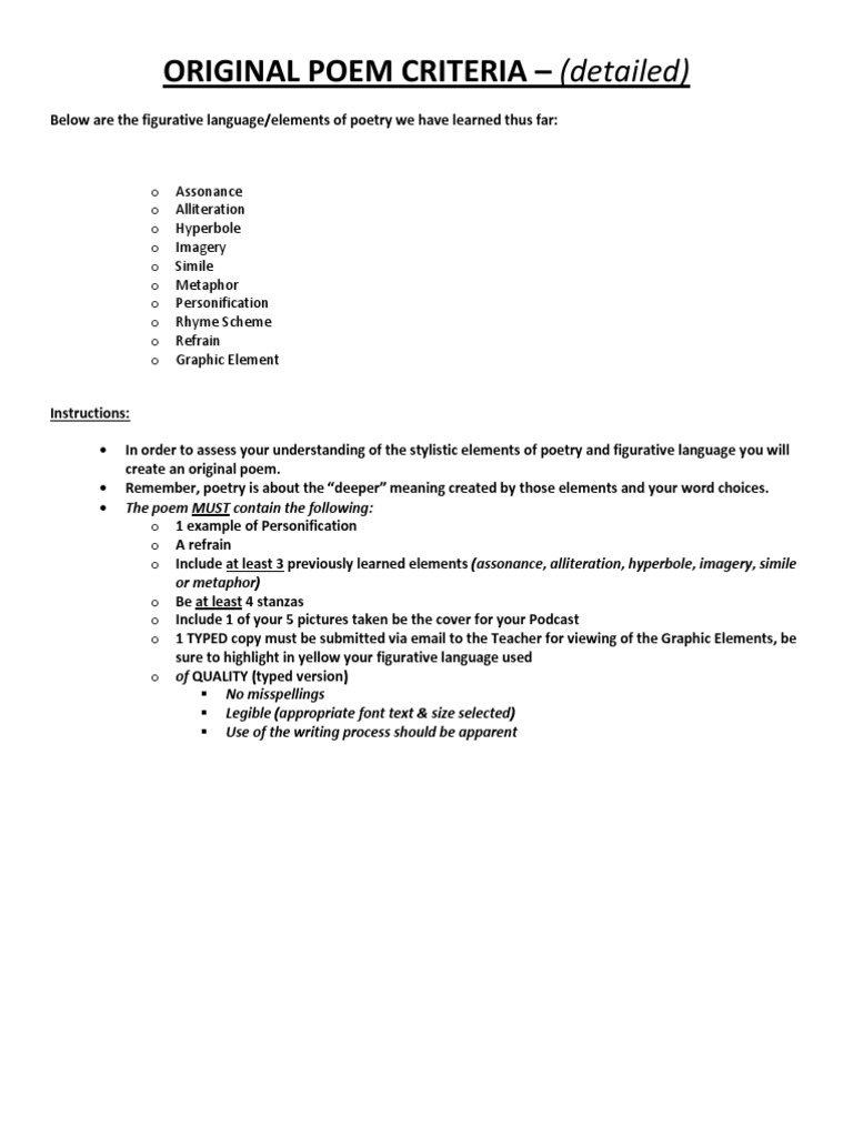Original Poem Criteria Rubric | PDF | Poetry | Cognitive Science