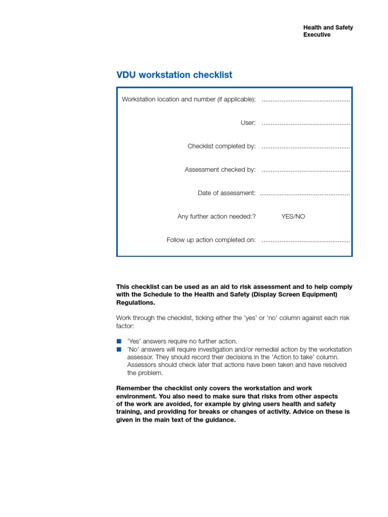 VDU Workstation Risk Assessment Checklist | PDF | Computer Keyboard | Chair