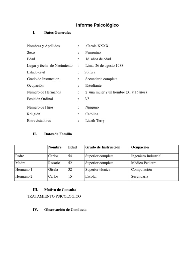 Informe Psicológico | Descargar gratis PDF | Planificación | Ciencias del comportamiento