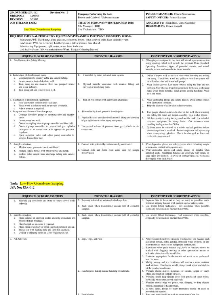 JSA-012 Low-Flow Groundwater Sampling | PDF | Personal Protective ...