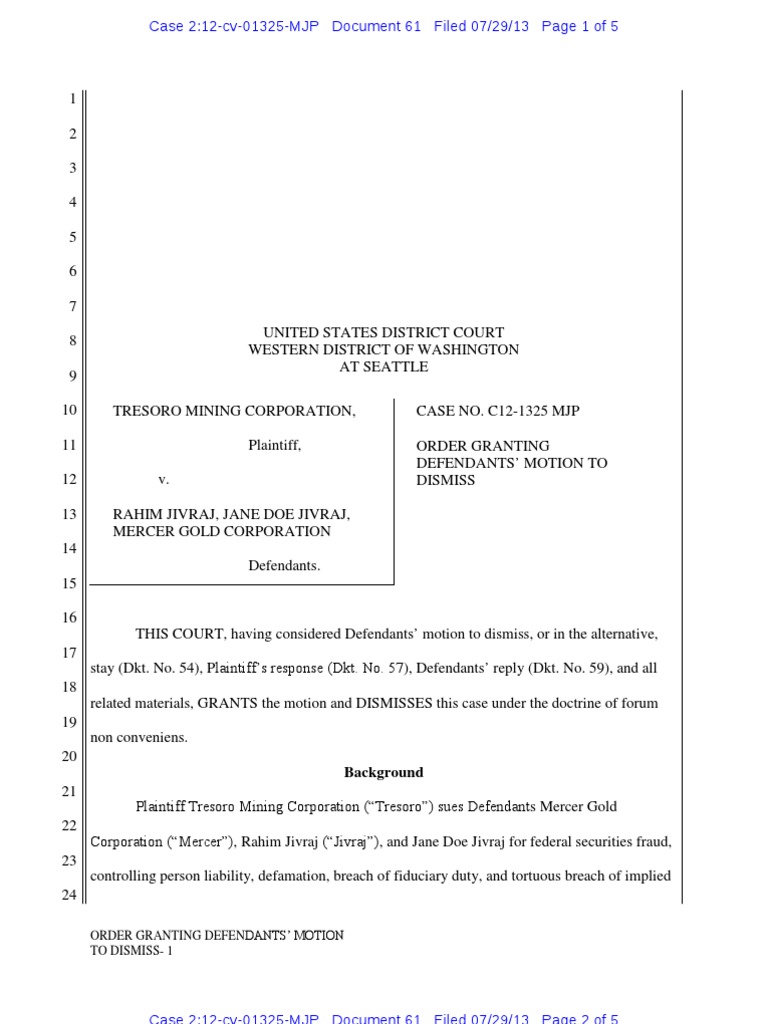 Order Granting Defendants' Motion To Dismiss, July 29, 2013. | PDF | Lawsuit | Legal Concepts