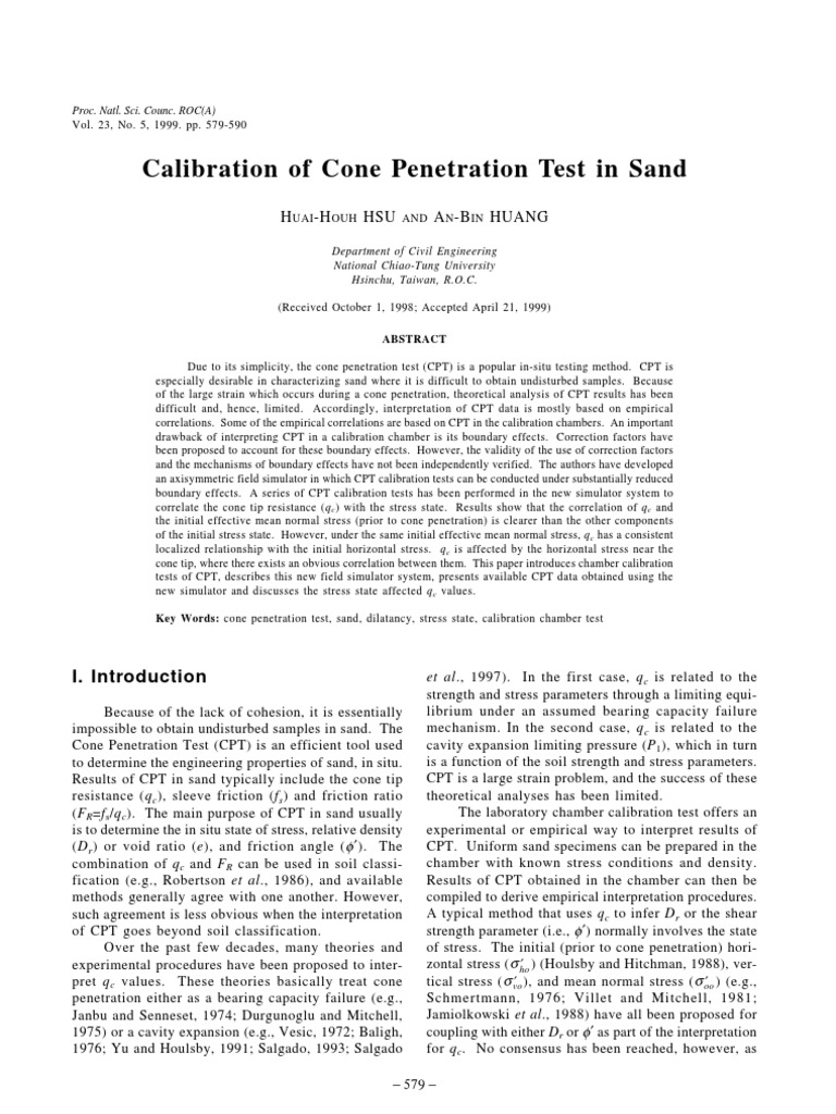 Calibration of Cone Penetration Test in Sand: H - H HSU A - B Huang ...