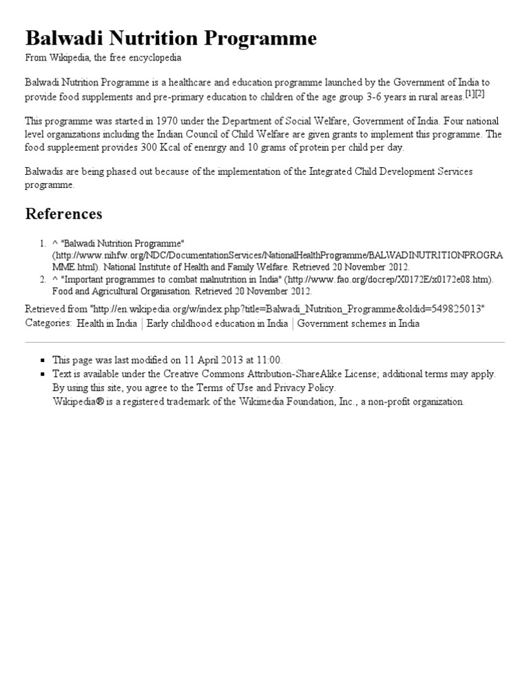 Balwadi Nutrition Programme - Wikipedia, The Free Encyclopedia | PDF