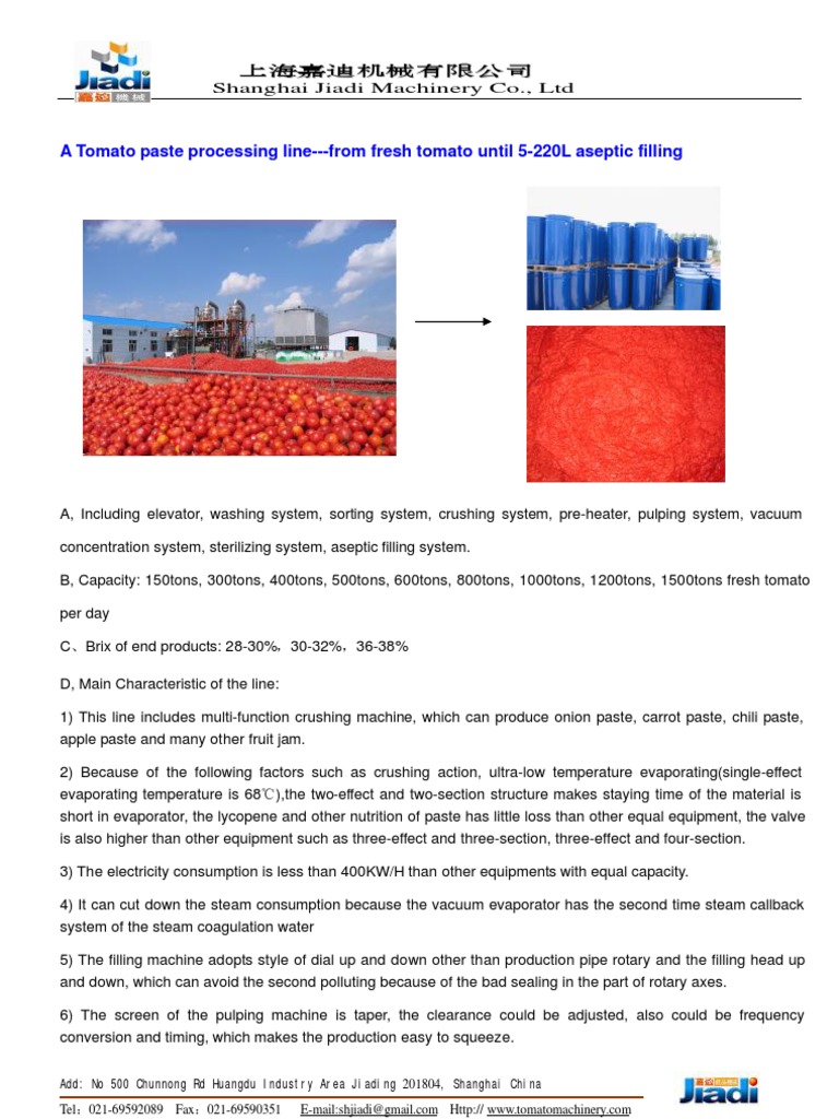 Tomato Paste Processing Line Overview | PDF | Water | Heat Exchanger