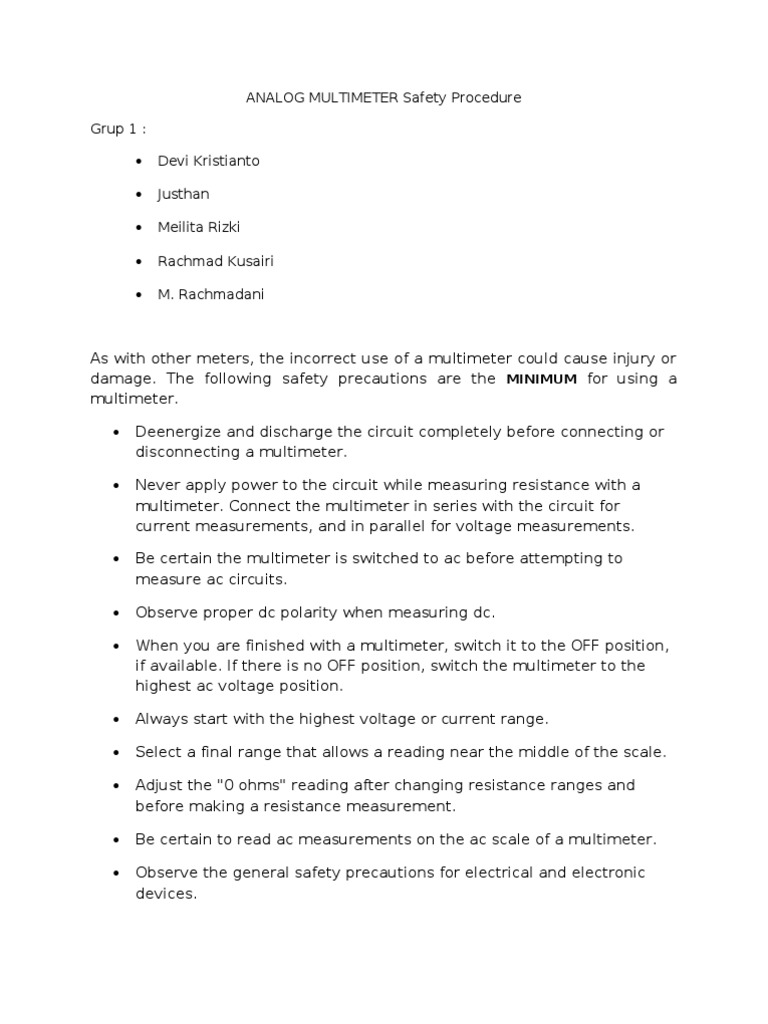 Analog Multimeter Safety Procedure | PDF | Voltage | Electrical Network