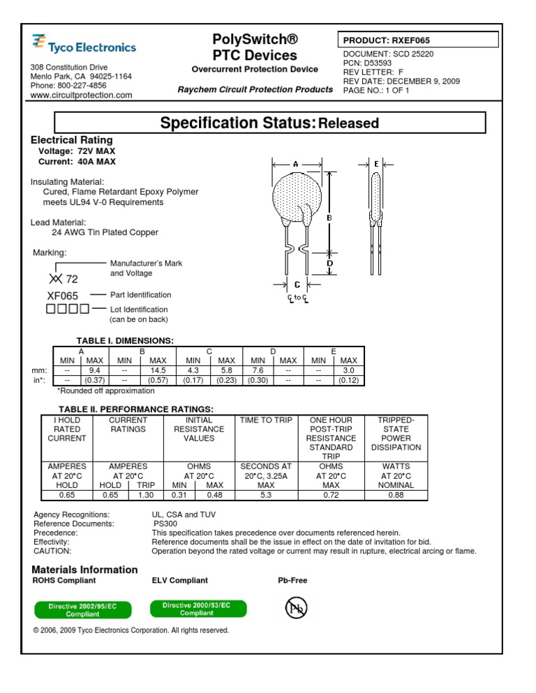 Specification Status:: Polyswitch® PTC Devices | PDF