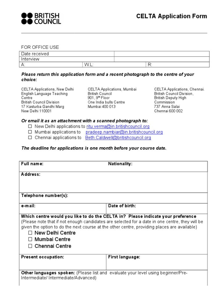 01 CELTA Application Form | PDF | Cognition | Communication