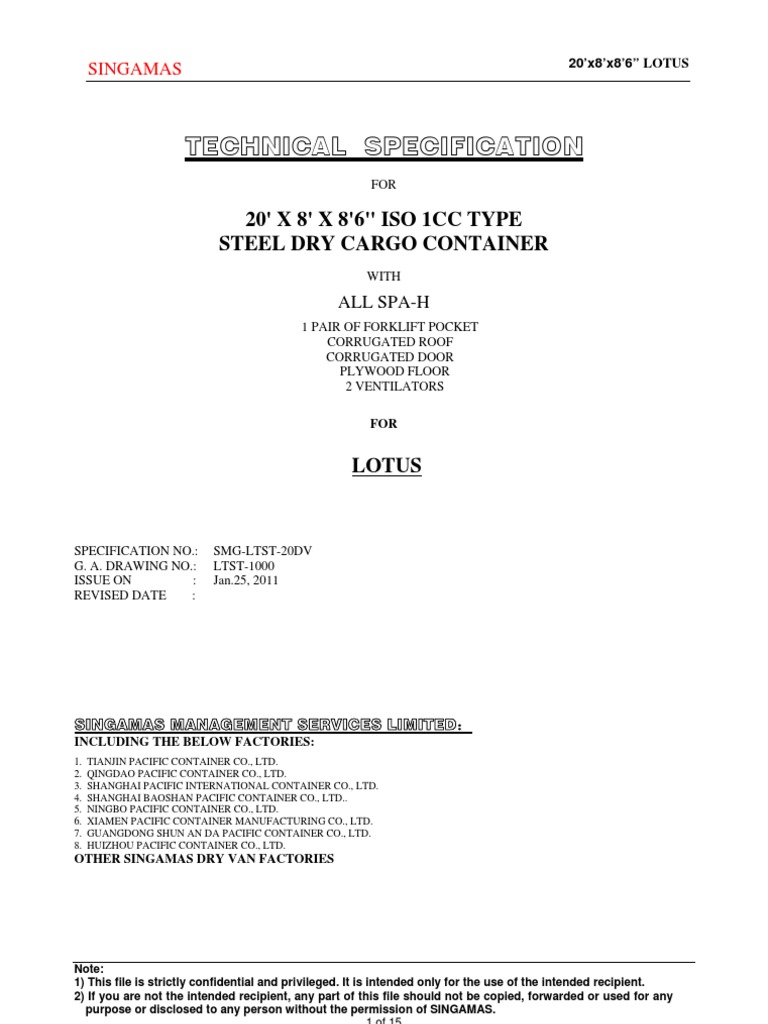 Technical Specification: 20' X 8' X 8'6" ISO 1CC TYPE Steel Dry Cargo ...