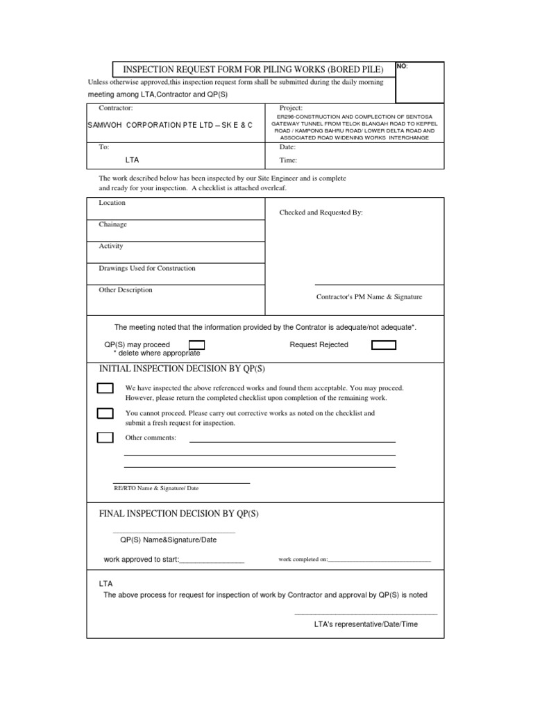 Inspection Request Form For Piling Works (Bored Pile) | Download Free ...