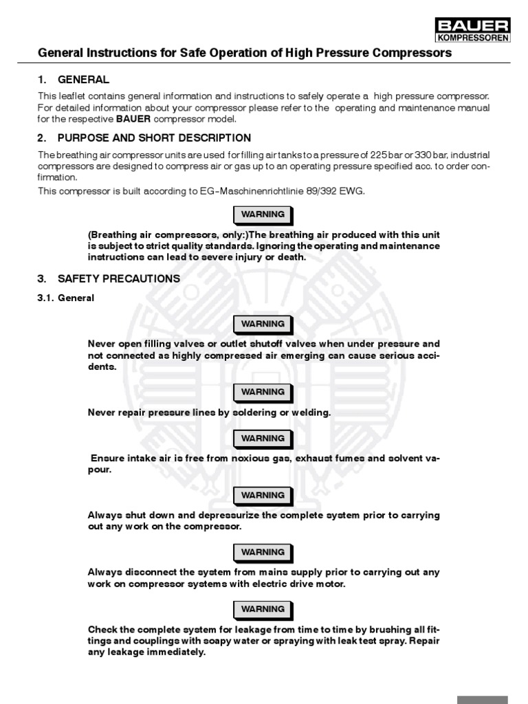General Instructions For Safe Operation of High Pressure Compressors ...