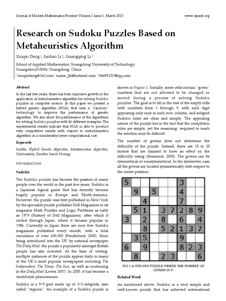 Research On Sudoku Puzzles Based On Metaheuristics Algorithm | PDF ...