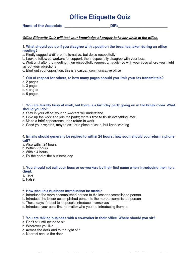 Office Etiquette Quiz: Name of The Associate: - DIR | PDF
