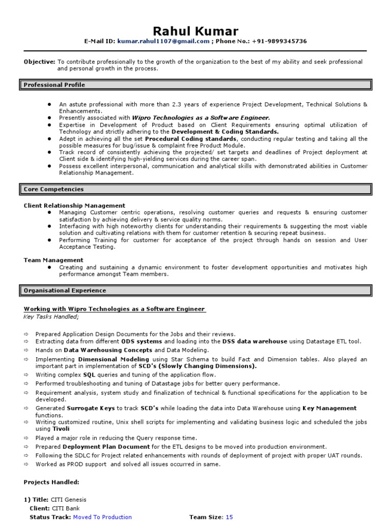 Data Warehousing Resume Sample