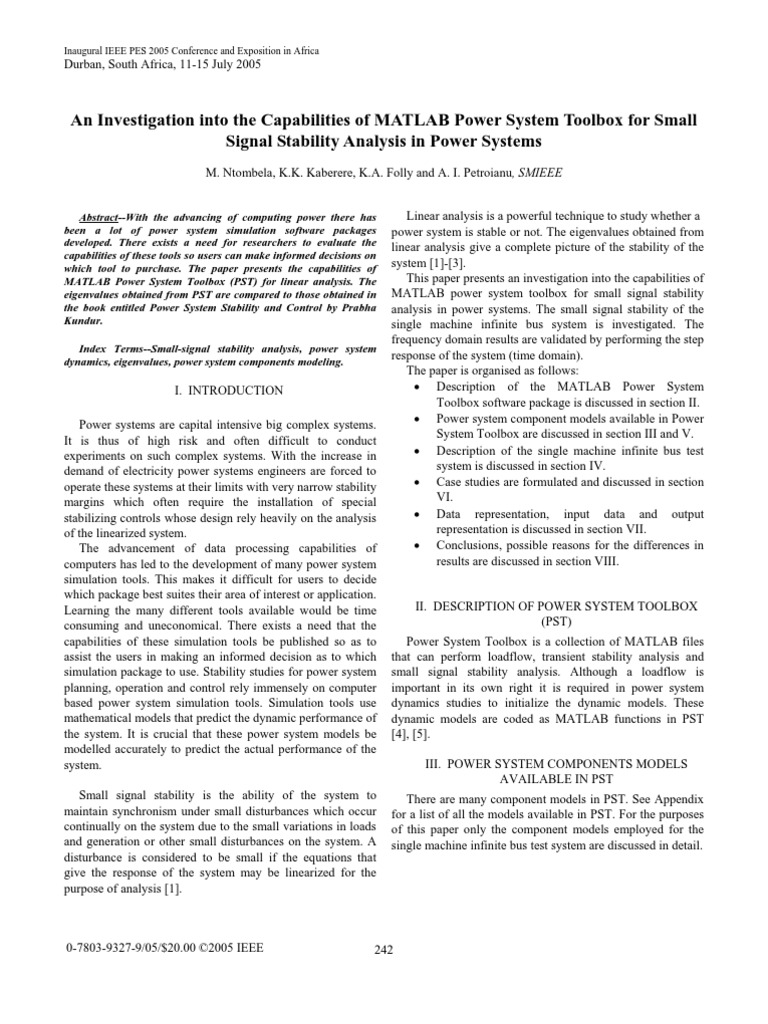 An Investigation Into The Capabilities of MATLAB Power System Toolbox ...