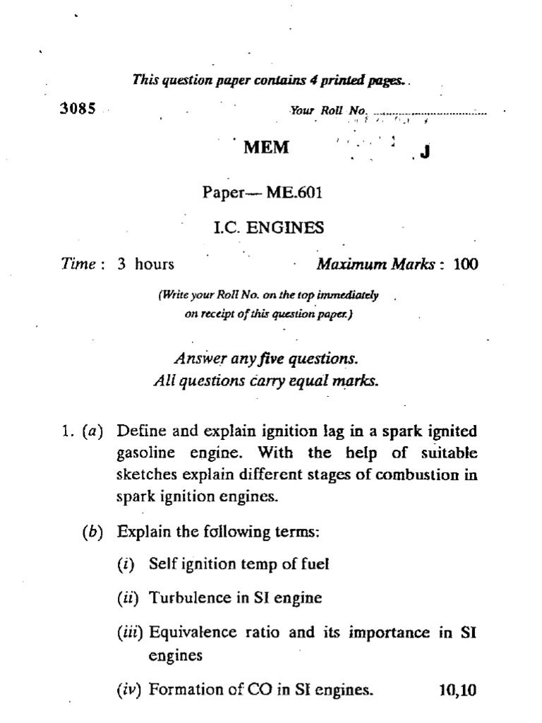 Mem (Paper - Me 601) (I.c. Engines) | PDF | Internal Combustion Engine ...