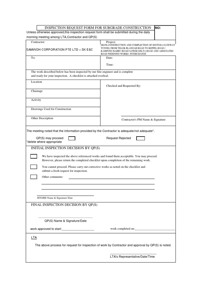 Inspection Request Form For Subgrade Construction