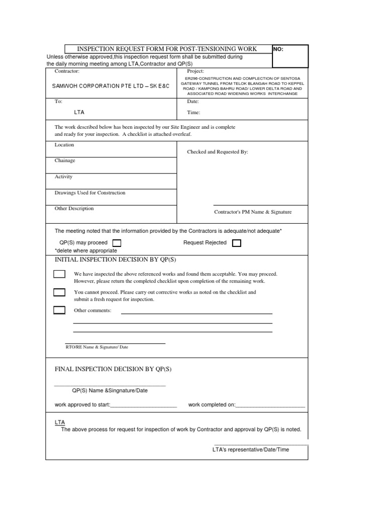 Inspection Request Form For Post-Tensioning Work | PDF | Prestressed ...