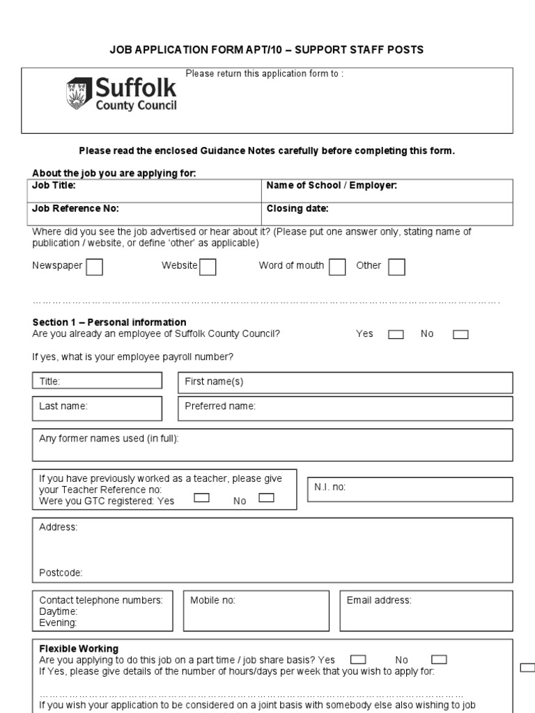 Job Application Form Apt/10 - Support Staff Posts | PDF | Labour ...