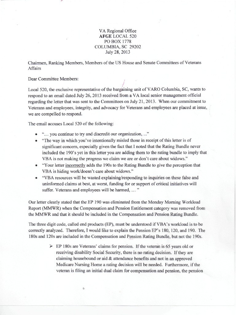 AFGE Letter to US House & Senate VA Committee | Agent Orange | Employment