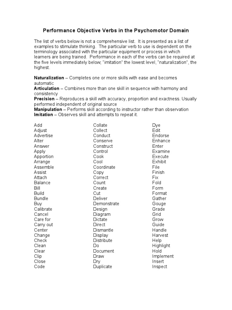 Performance Objective Verbs in The Psychomotor Domain | PDF