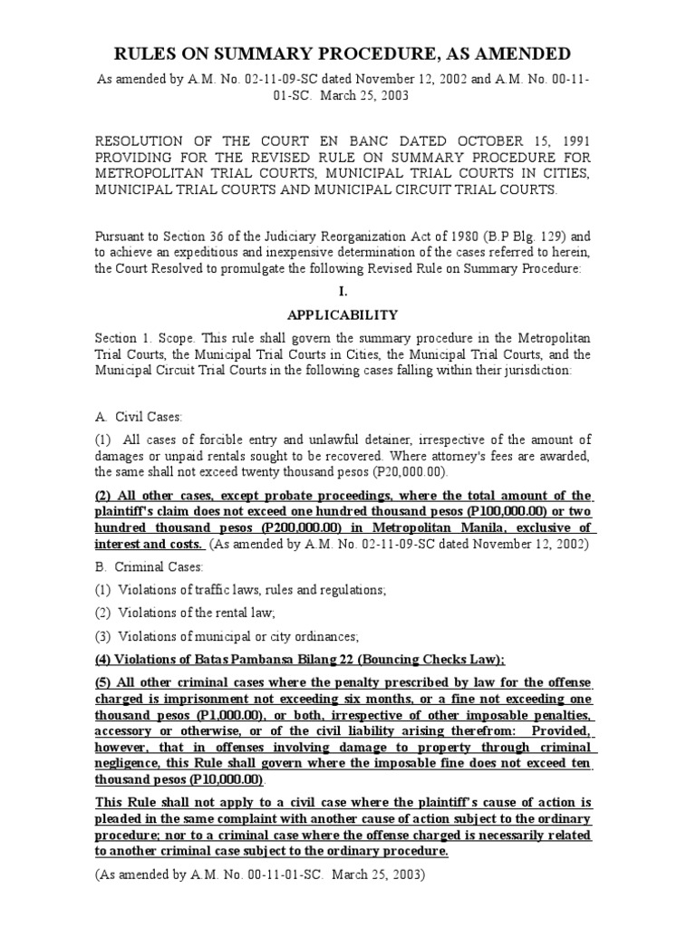 Rules On Summary Procedure | PDF | Pleading | Lawsuit