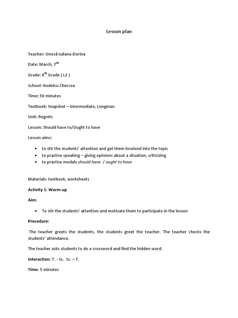 Lesson Plan: Activity 1: Warm-Up Aim | PDF | Lesson Plan | Cognition