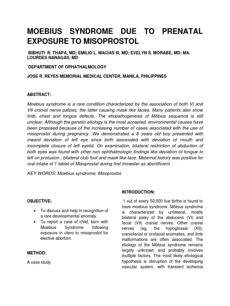 Moebius Syndrome Due to Prenatal Exposure to Misoprostol: A Case Report | PDF | Congenital ...