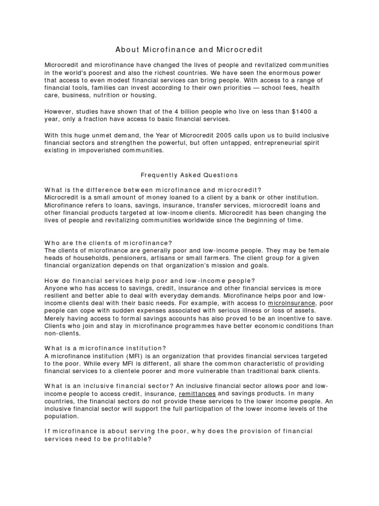 About Microfinance and Microcredit PDF | PDF | Microfinance | Microcredit
