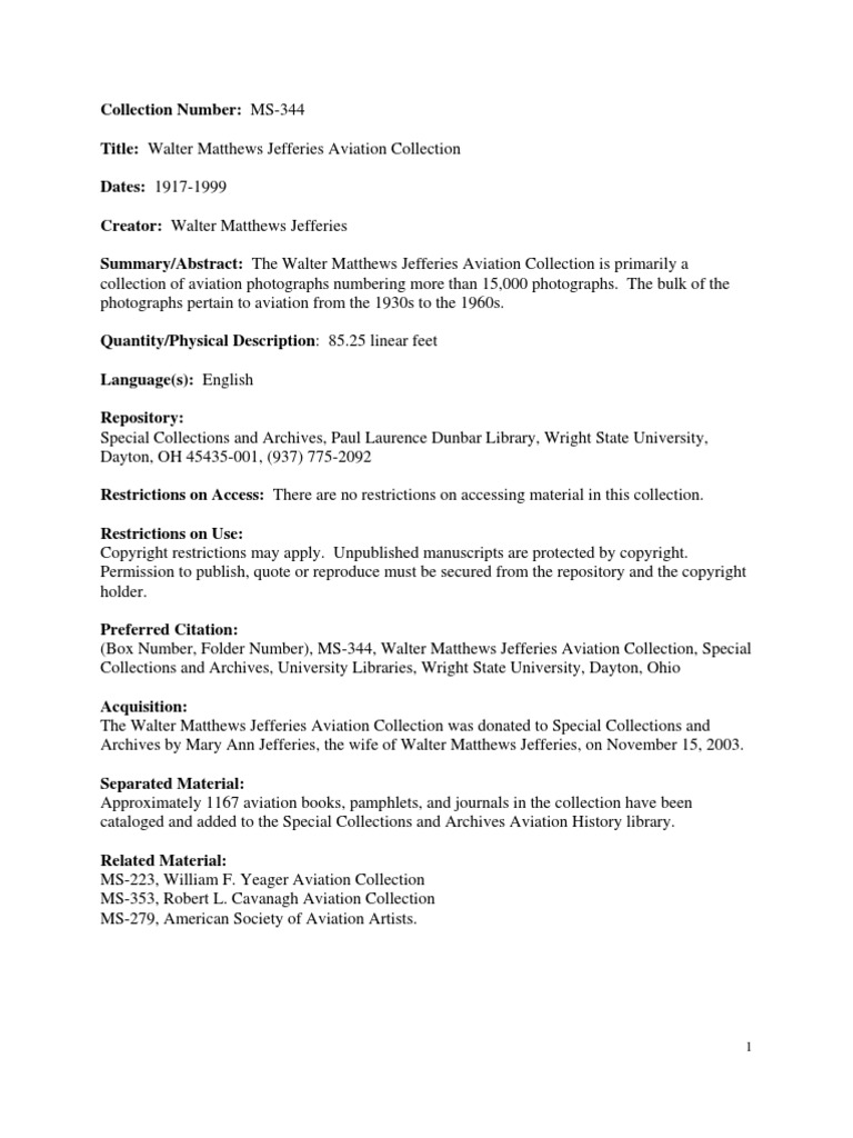 MS-344 - Walter Matthews Jefferies Aviation Collection | PDF | Wing ...