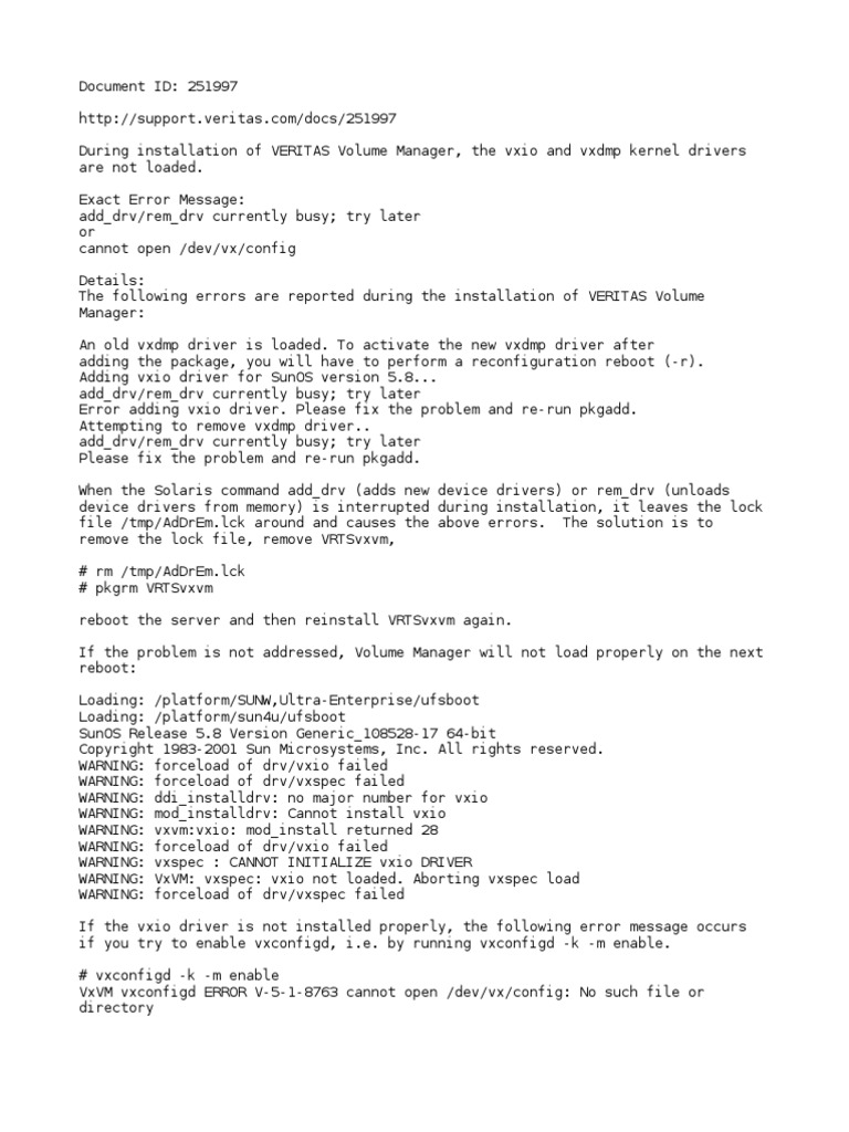During VXVM Install, Vxio and VXDMP Drivers Don't Load | PDF | Device ...