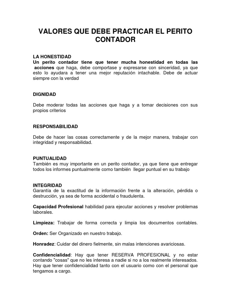 Valores Que Debe Practicar El Perito Contador Y Perfil Pdf Contador