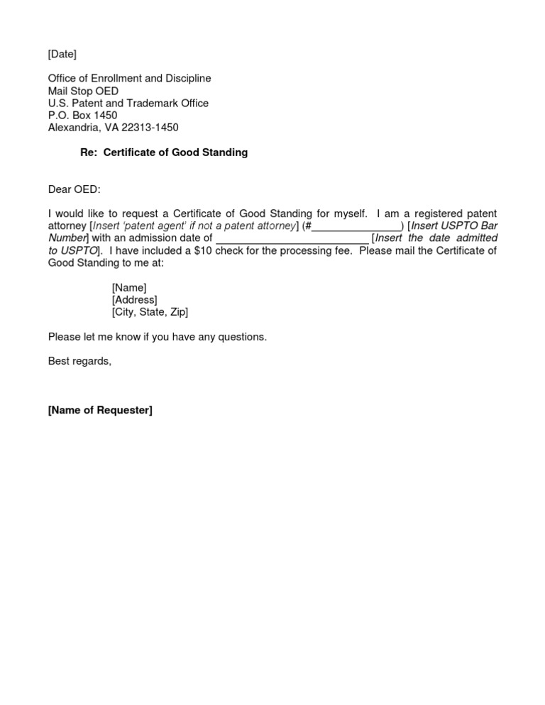 USPTO OED Certificate of Good Standing Request Letter | PDF