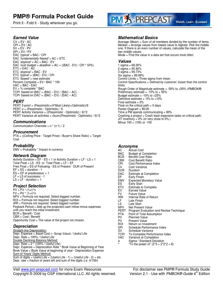 PMP Formula Pocket Guide | Download Free PDF | Depreciation | Business ...