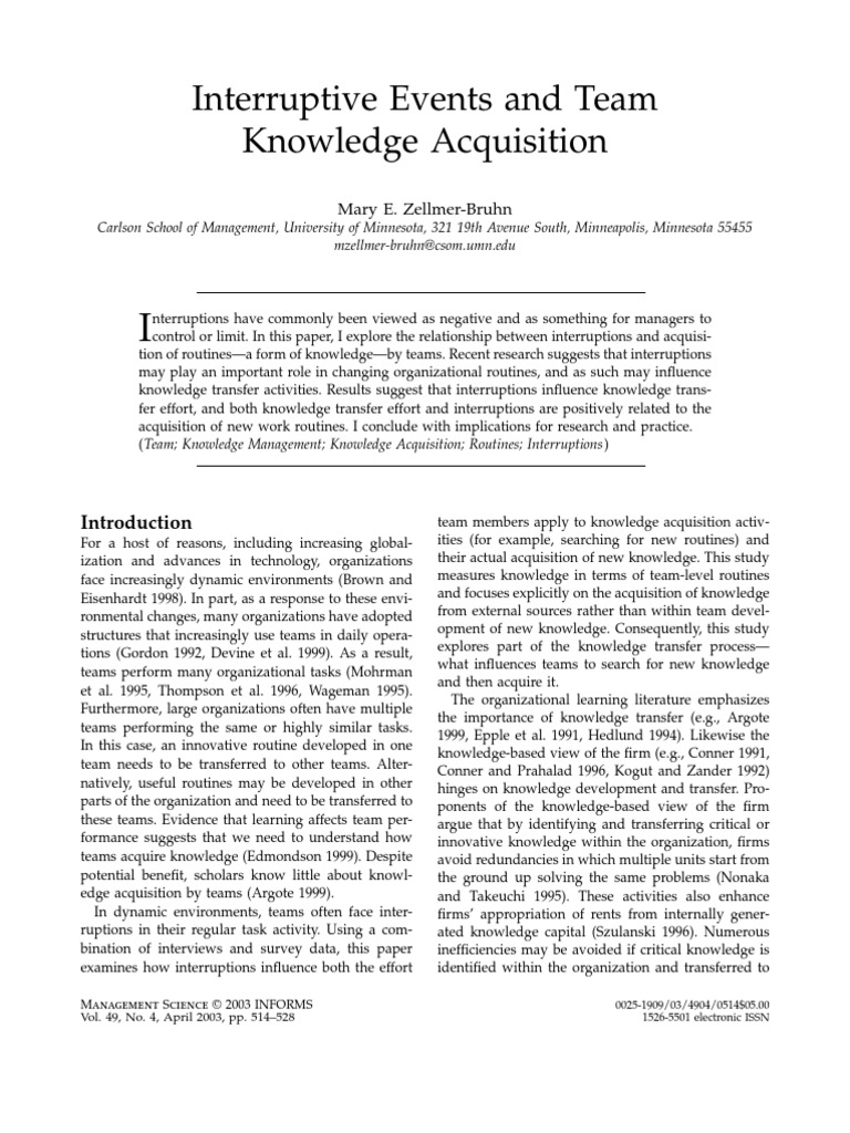 0005 - Interruptive Events and Team Knowledge Acquisition | PDF ...