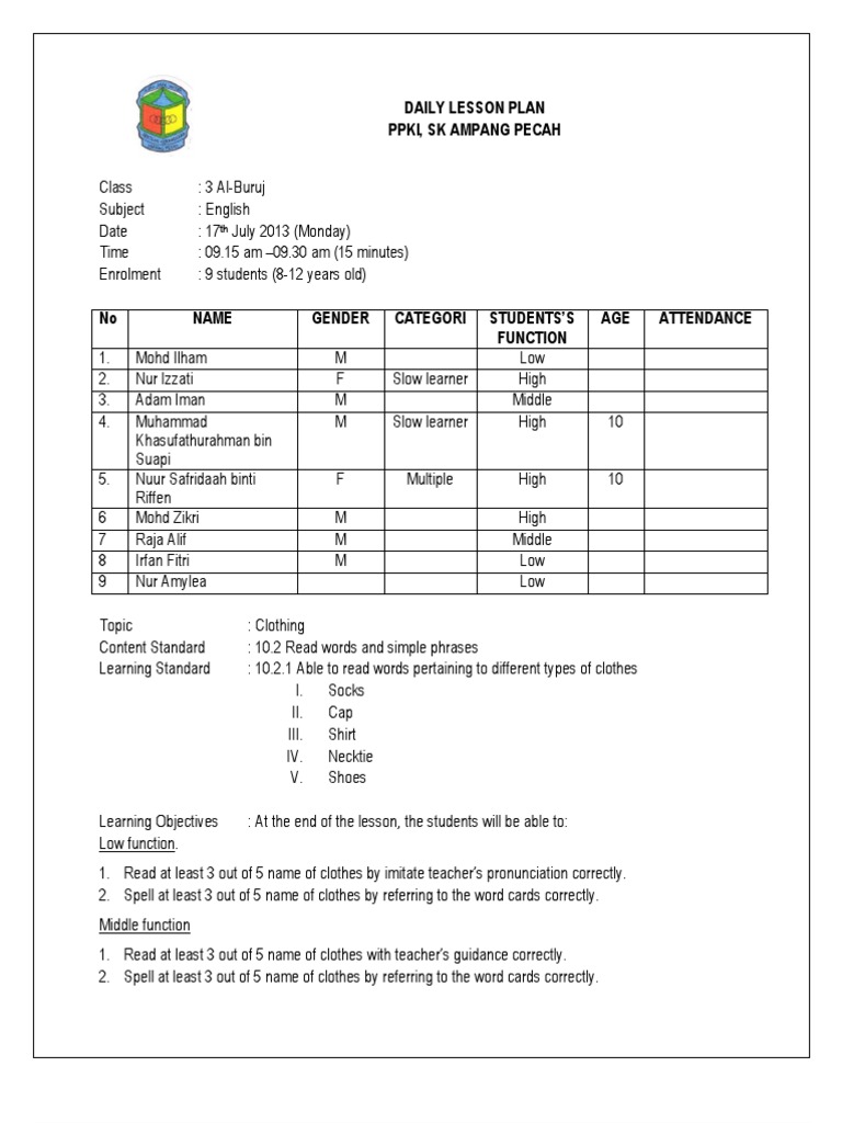 Clothing Lesson Plan for Primary Students | PDF | Lesson Plan | Teachers