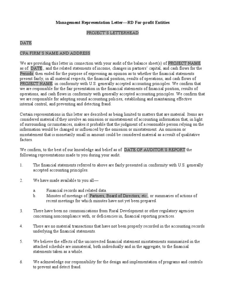 Letter of Representation Format | Audit | Financial Statement