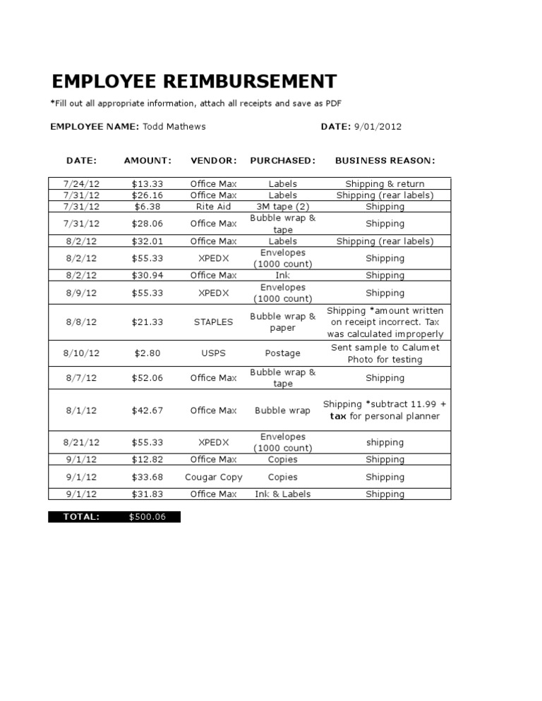 Reimbursements Form Example | PDF
