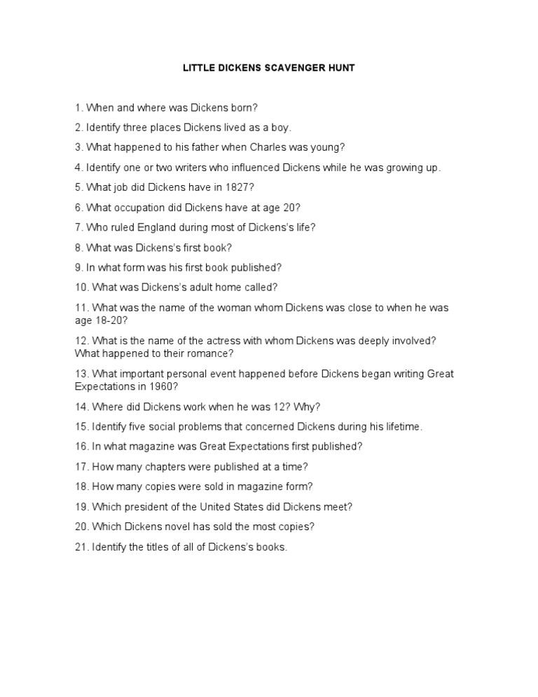 Pre-Reading Worksheet Great Expectations | PDF | History