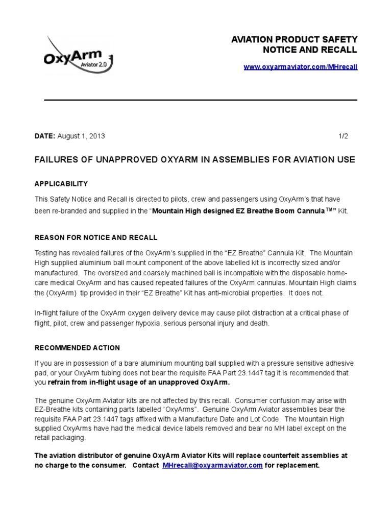 MH Oxyarm Aviator Product Safety Recall | PDF | Aviation | Nature