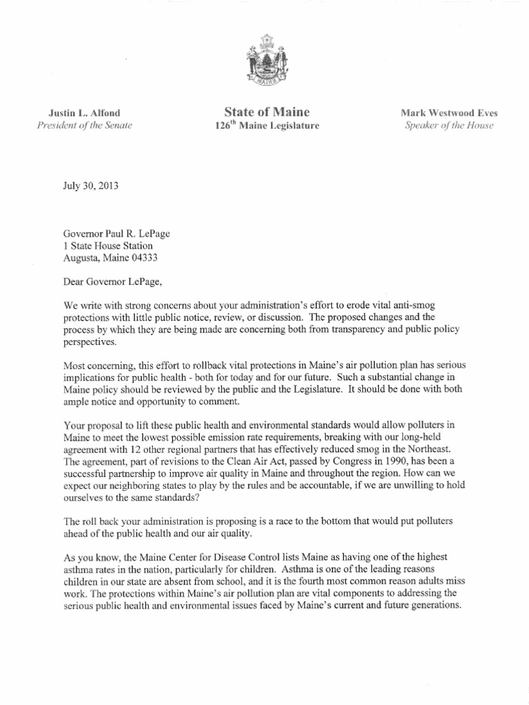Eves Alfond Letter To LePage On Smog Regulations | PDF