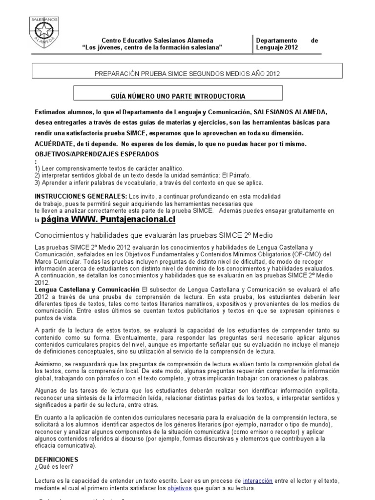 Preparación Simce Guía Número Uno | PDF | Lectura (proceso) | Comprensión lectora