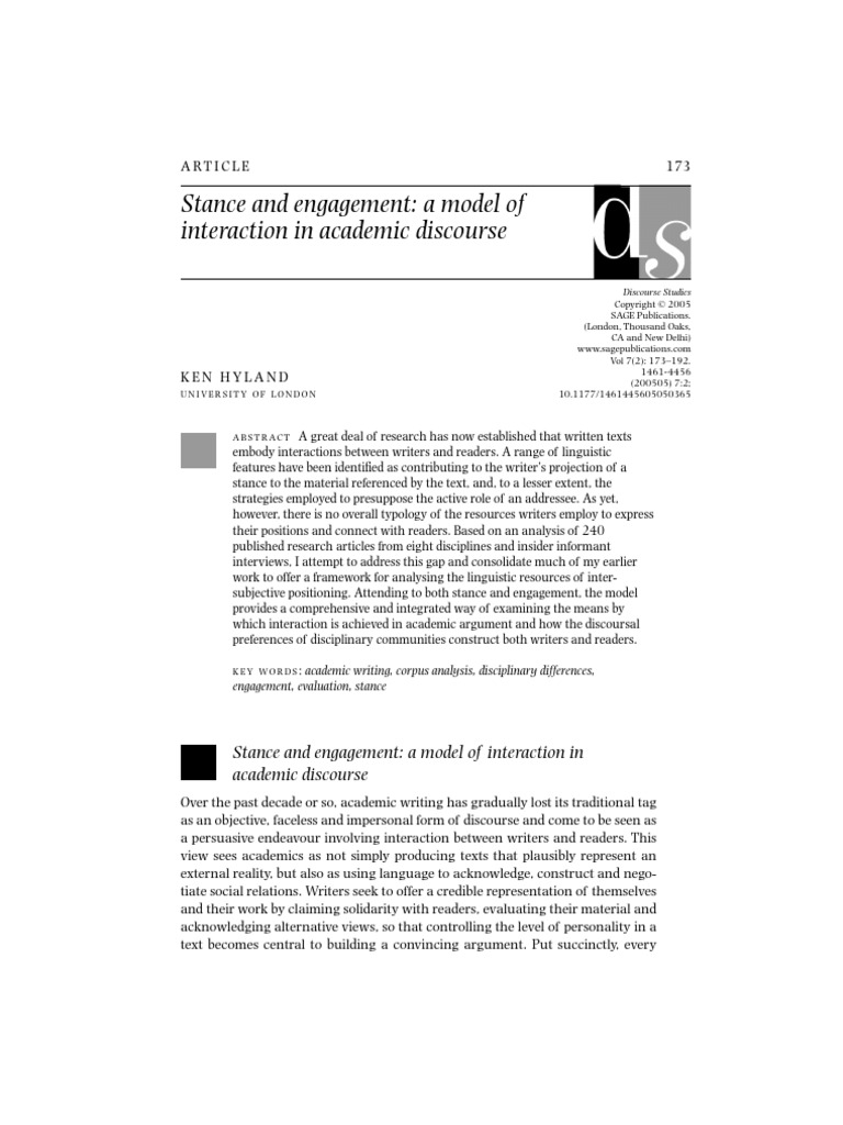 Stance and Engagement A Model of Interaction in Academic Discourse by ...