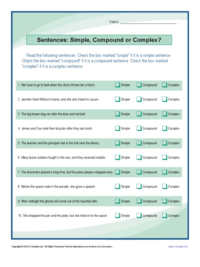Worksheet Simple Compound Complex | PDF | Leisure