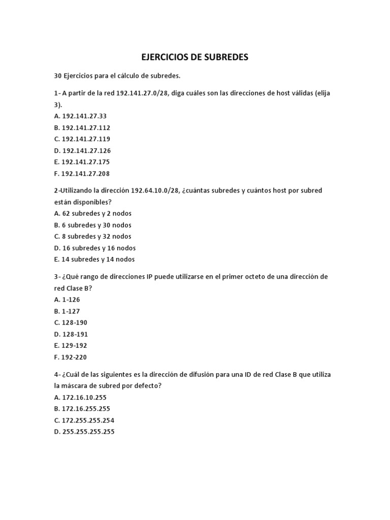 Ejercicios de Subredes | PDF | Dirección IP | Protocolos de internet